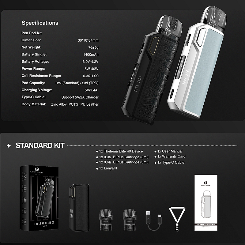 Kit Thelema Elite 40W - Lost Vape - Midnight Black Voore.ro